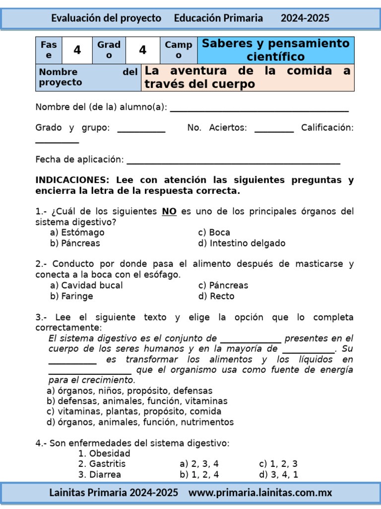 4to Grado Septiembre - Examen 06 La Aventura de La Comida A Travès Del Cuerpo (2024-2025) | PDF