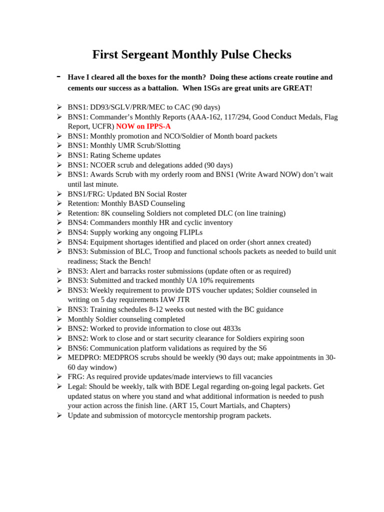 1SG Monthly Pulse Check | PDF