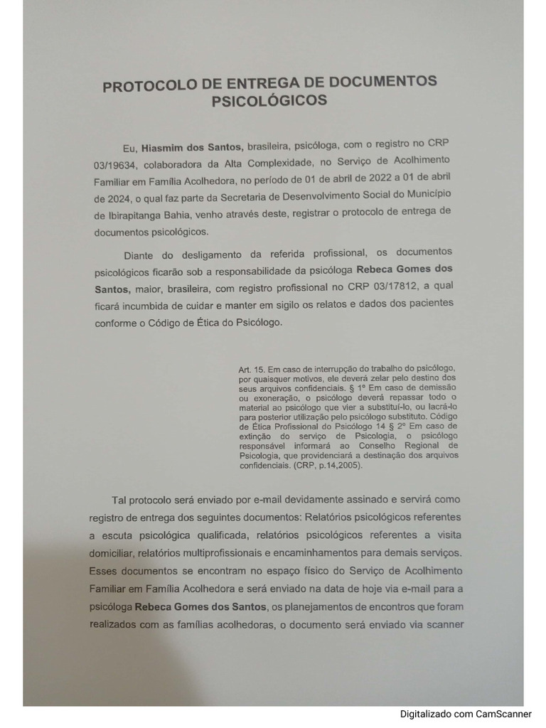 PROTOCOLO DE ENTREGA DE DOCUMENTOS PSICOLOGICOS ASSINADO | PDF
