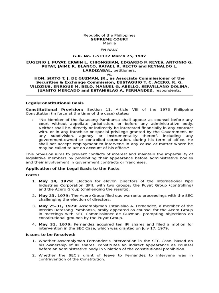Puyat v. de Guzman, JR., G.R. No. 51122 | PDF Puyat v. de Guzman, JR., G.R. No. 51122 | PDF