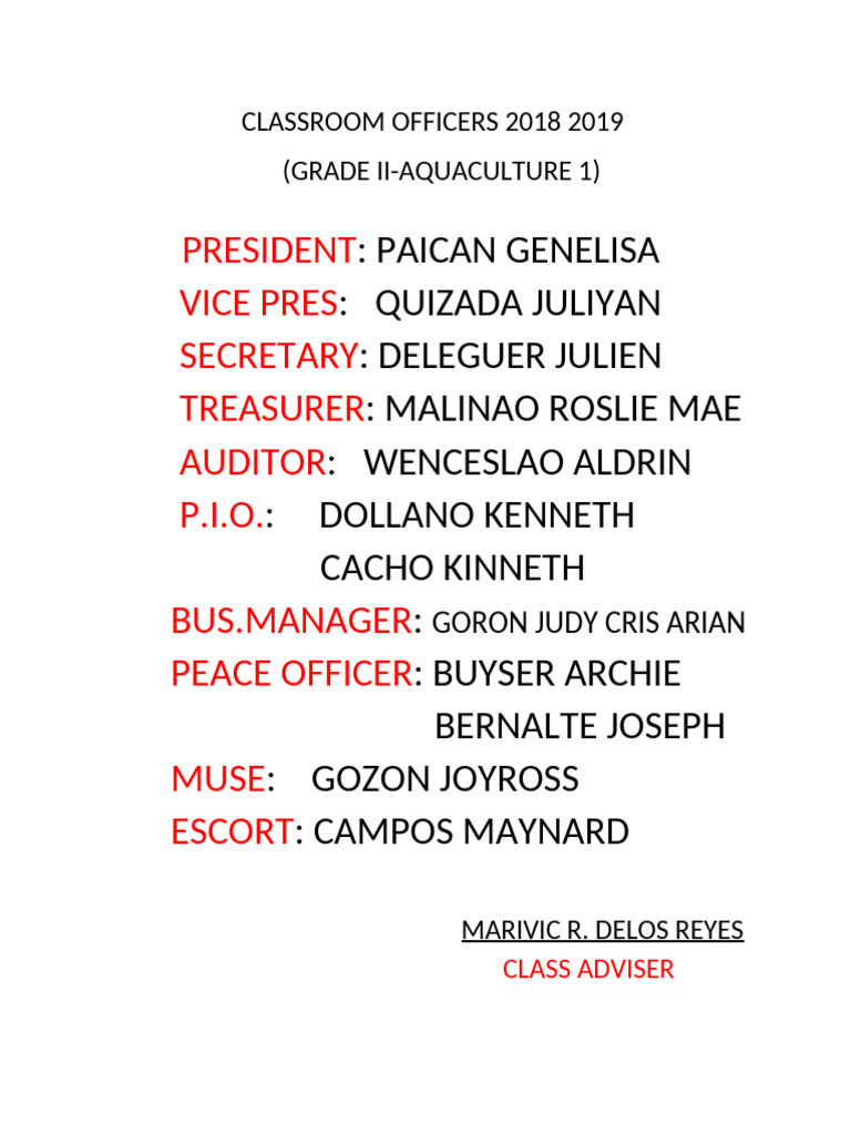 Classroom Officers 2019-2020 | PDF