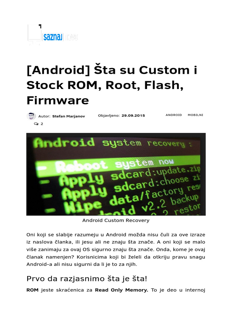 Android - Šta Su Custom I Stock ROM - Root - Flash - Firmware - SN | PDF