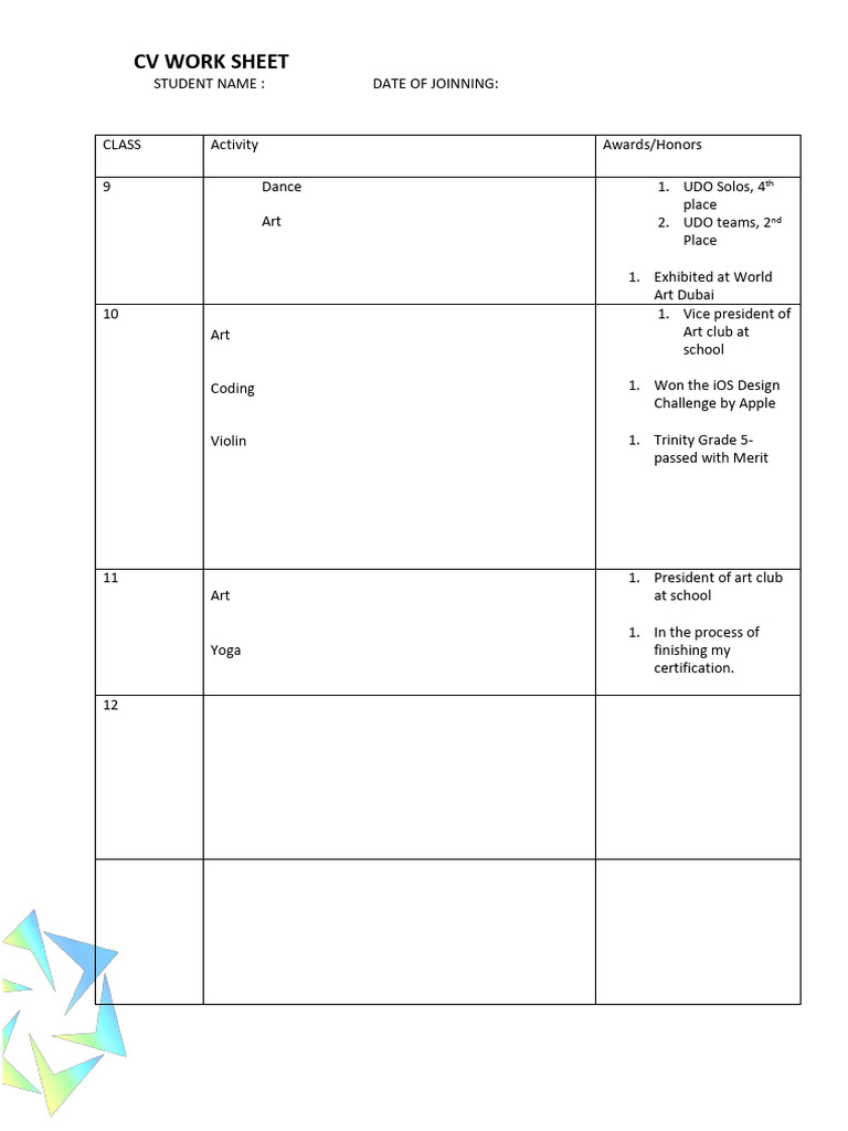 CV Worksheet Final | PDF