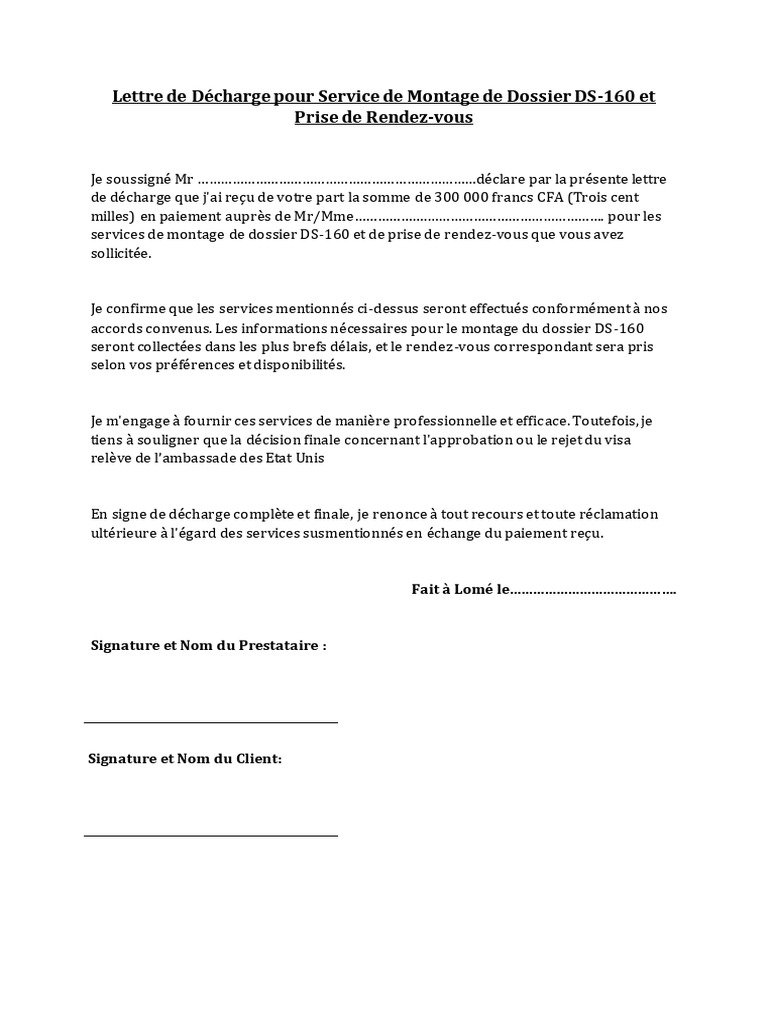 Lettre de Décharge Pour Service de Montage de Dossier DS 01 | PDF