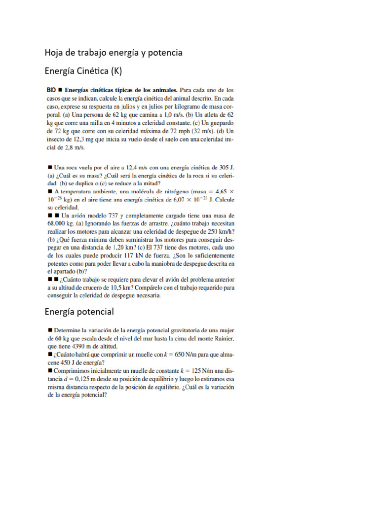 Hoja de Trabajo Energía y Potencia | PDF