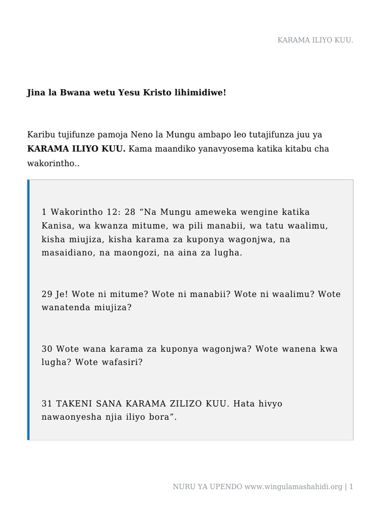 Karama Iliyo Kuu. | PDF