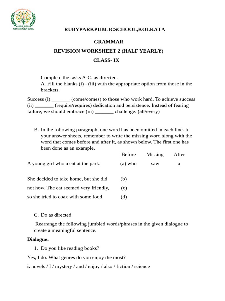 Grammar Revision Worksheet 2 Hy | PDF