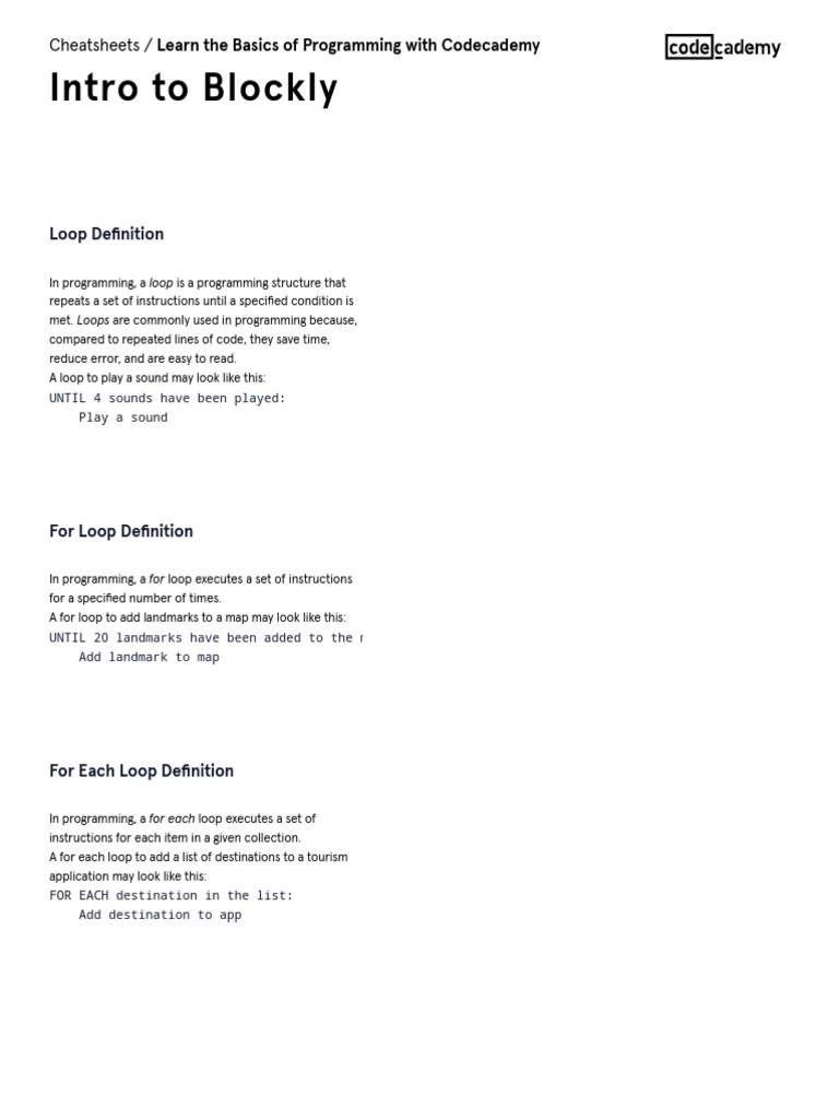 Learn The Basics Of Programming With Codecademy Intro To Blockly Cheatsheet Codecademy Pdf