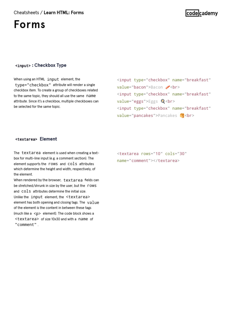 Learn HTML - Forms - Forms Cheatsheet - Codecademy | PDF Learn HTML - Forms - Forms Cheatsheet - Codecademy | PDF