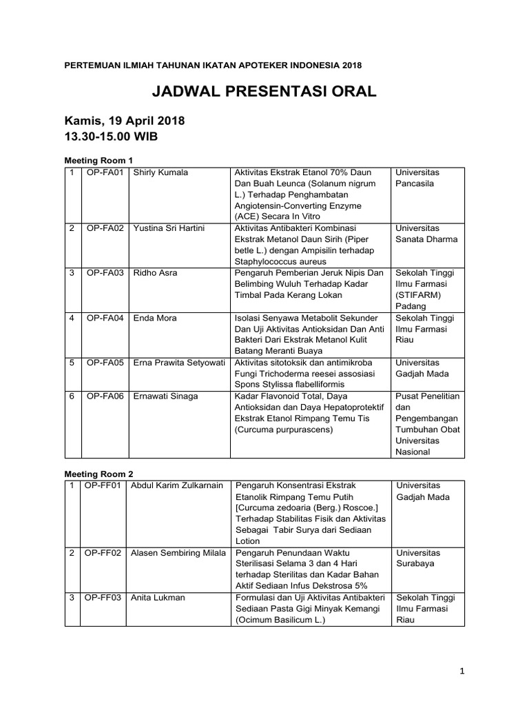 Jadwal Presentasi Oral Pit 2018 | PDF