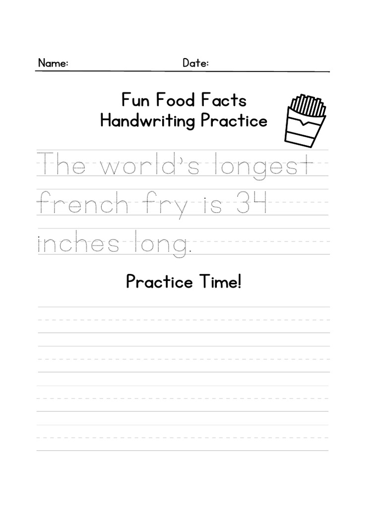 Black and White Food Facts Handwriting Practice Worksheet | PDF