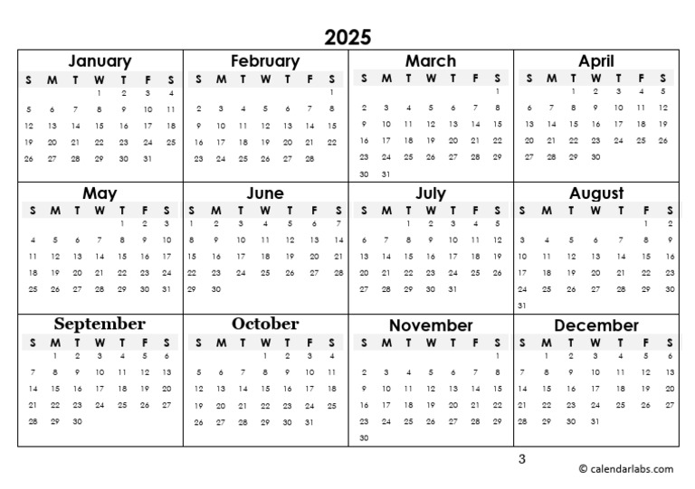 2025 Yearly Mini Calendar Template | PDF