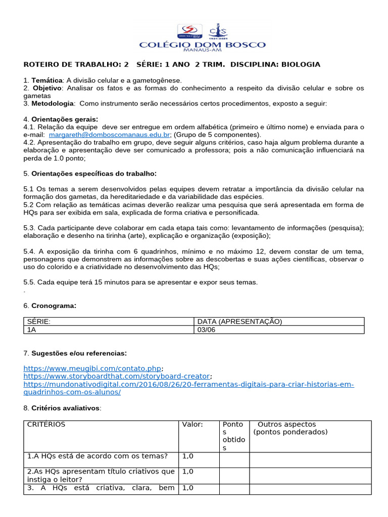 ROTEIRO DE TRABALHO.AV1.1ANOS.BIO.2TRIM.2024. | PDF