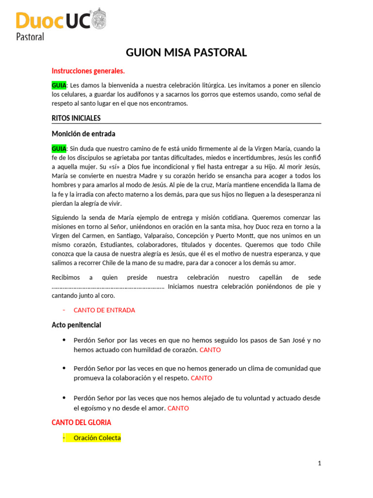 Guion Misa Pastoral Julio 2023 Regiones | PDF