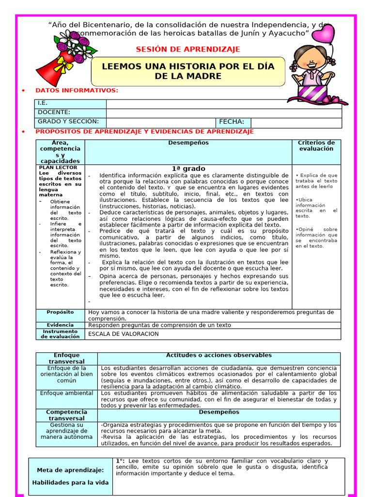 Sesion de Plan Lector Leemos Una Historia Por El Dia de La Madre | PDF
