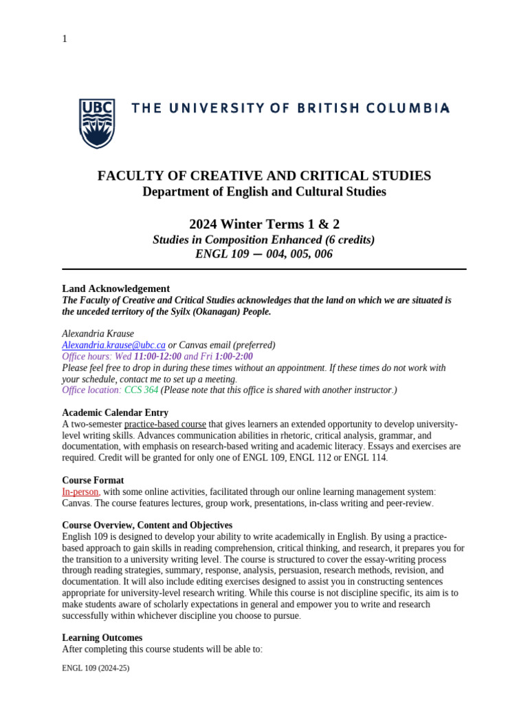 ENGL 109 - 004, 005, 006 Syllabus WT1 and WT2 (Aug 2024) | PDF