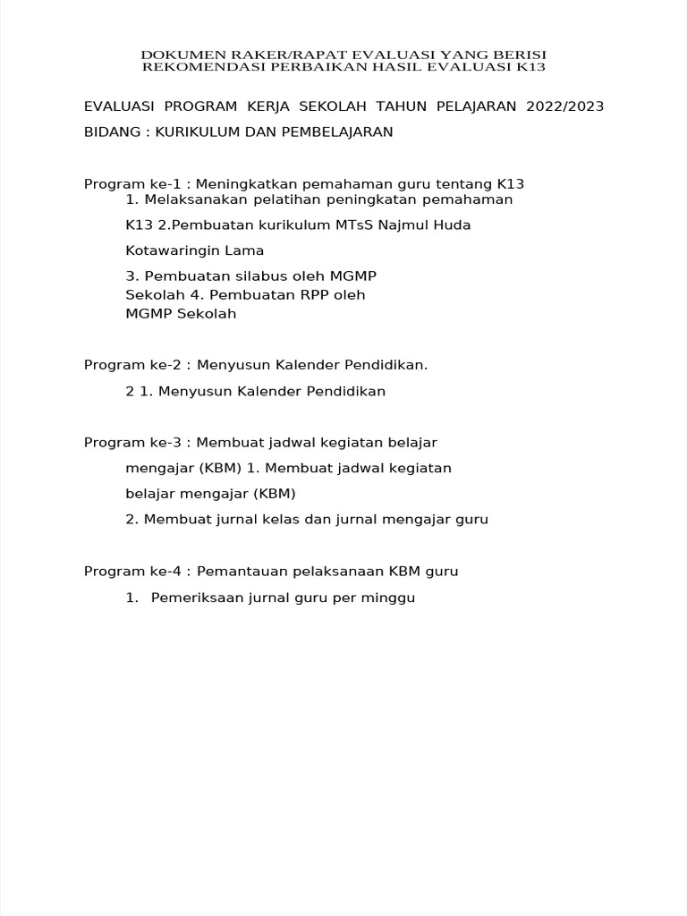 PDF Dokumen Raker Rapat Evaluasi Yang Berisi Rekomendasi Perbaikan Hasil Evaluasi k13 Kirim Bima ...