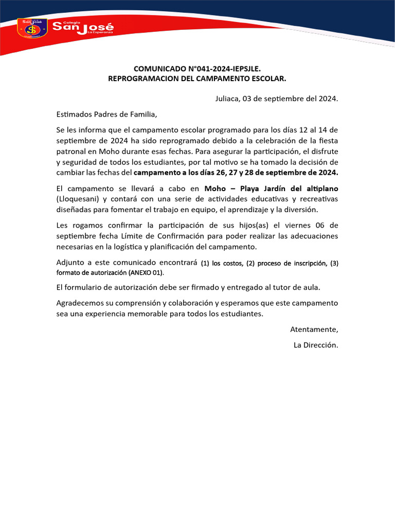 Comunicado n0412024 Reprogramacion Del Campamento Escolar | PDF