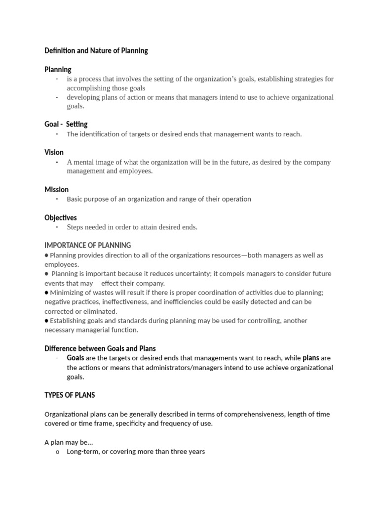Definition and Nature of Planning Planning | PDF