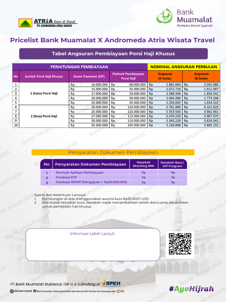 Tabel Angsuran Pembiayaan Porsi Haji Khusus Andromeda Atria Wisata | PDF