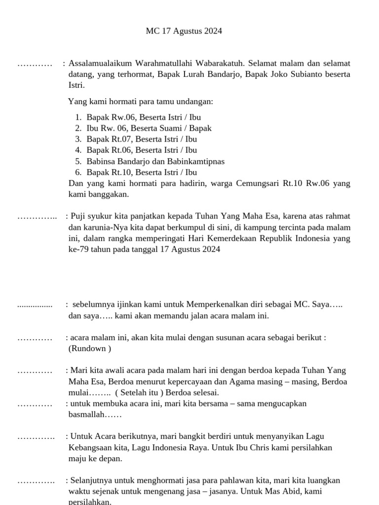 Bacaan MC 17 Agustus 2024 | PDF