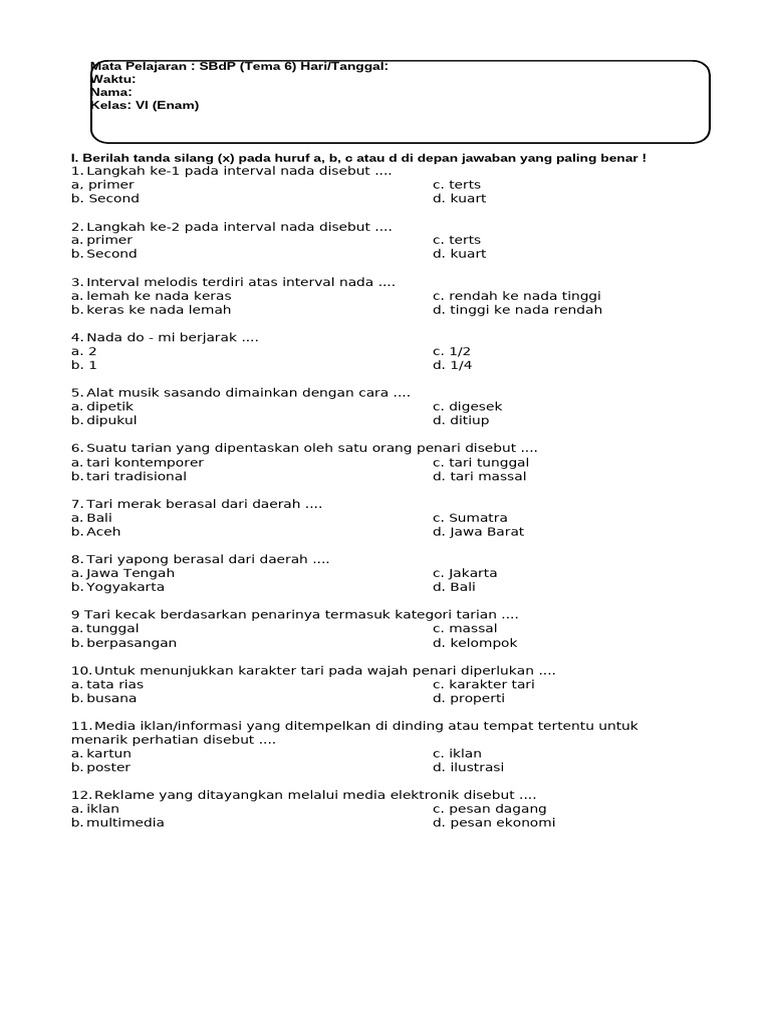 Soal Tema 6 Kelas 6 Semester 2 T.A 2022-2023 Mapel SBDP | PDF