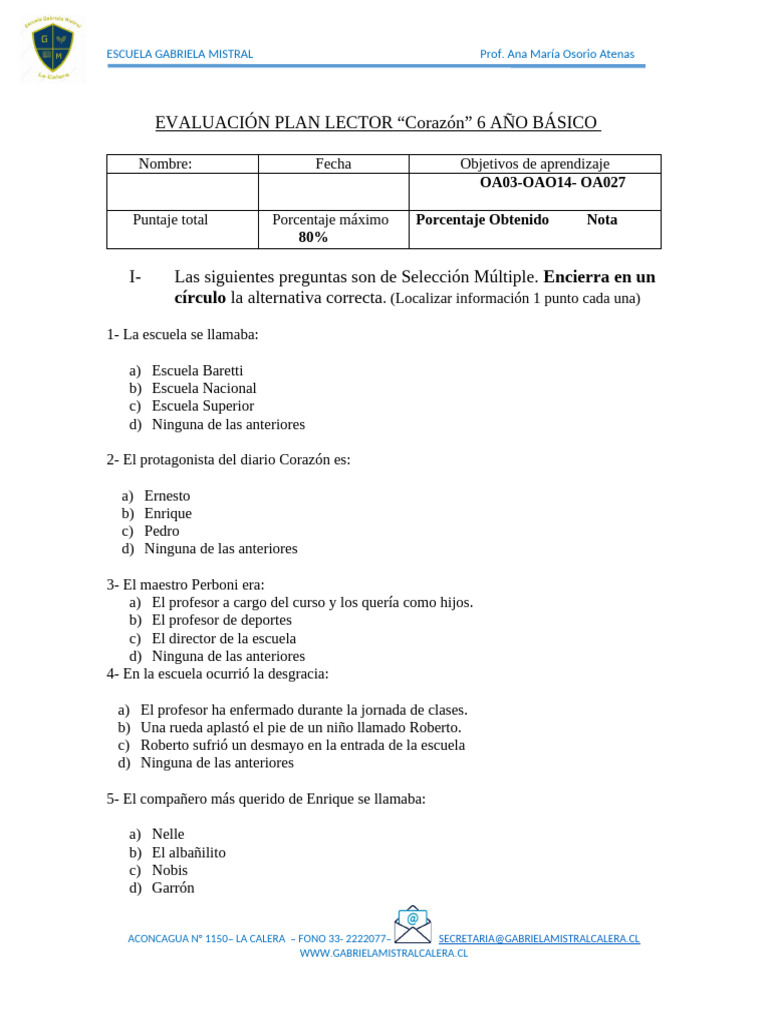 EVALUACIÓN PLAN LECTOR Corazón 6 Año | PDF