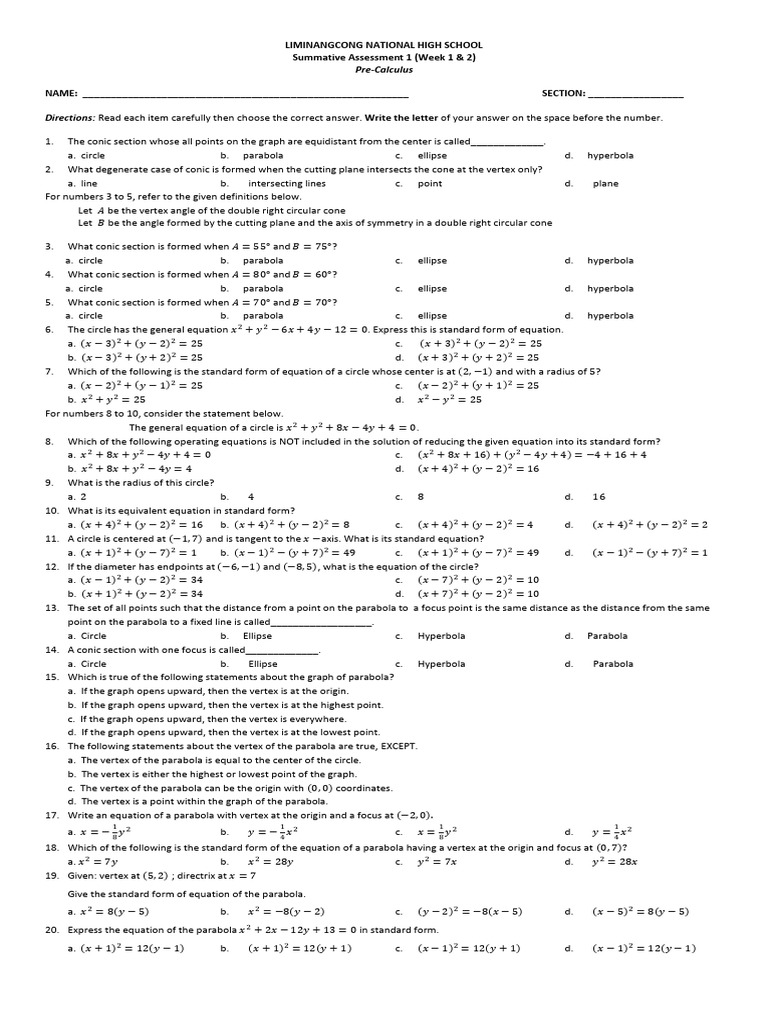 Q1-Summative Assessment 1-PRE-CALCULUS_1 | PDF
