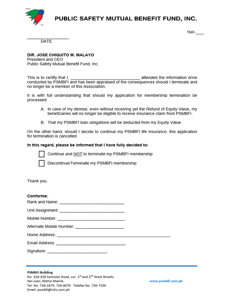 PSMBFI Termination Letter (2023) | PDF
