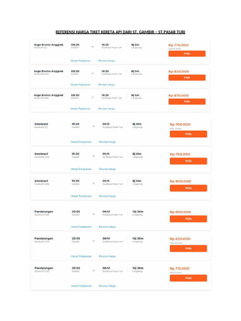 Referensi Harga Tiket Kereta API Dari ST | PDF