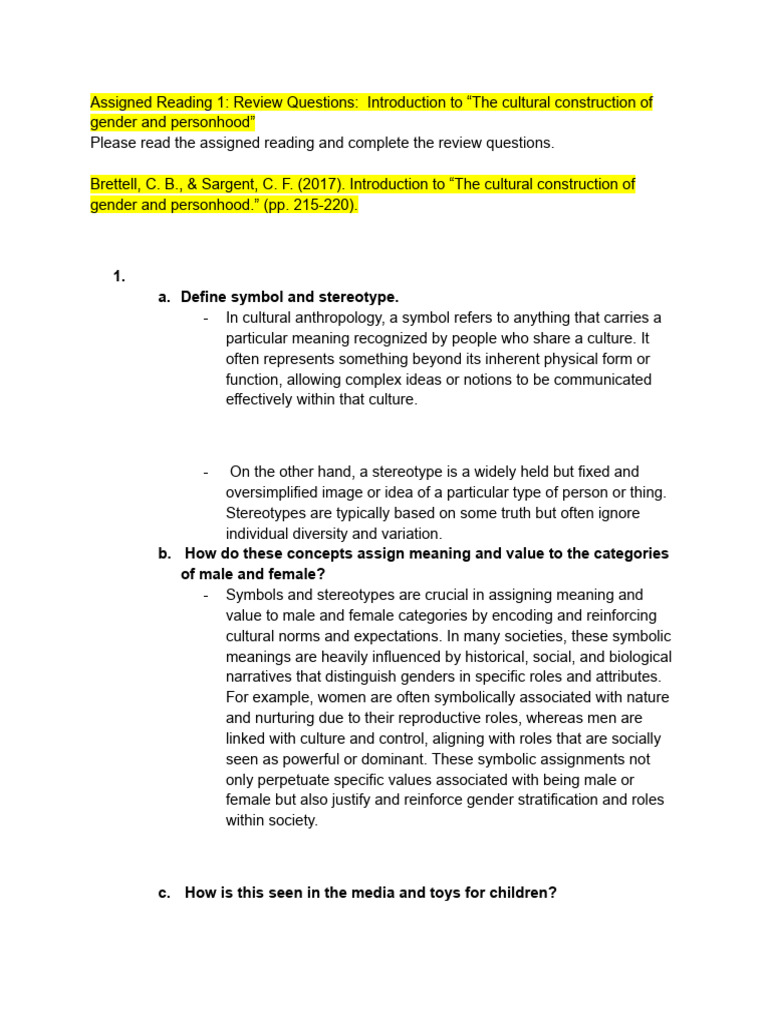 Module 4 - Review Questions Assinged Reading 1-2 | PDF | Gender ...