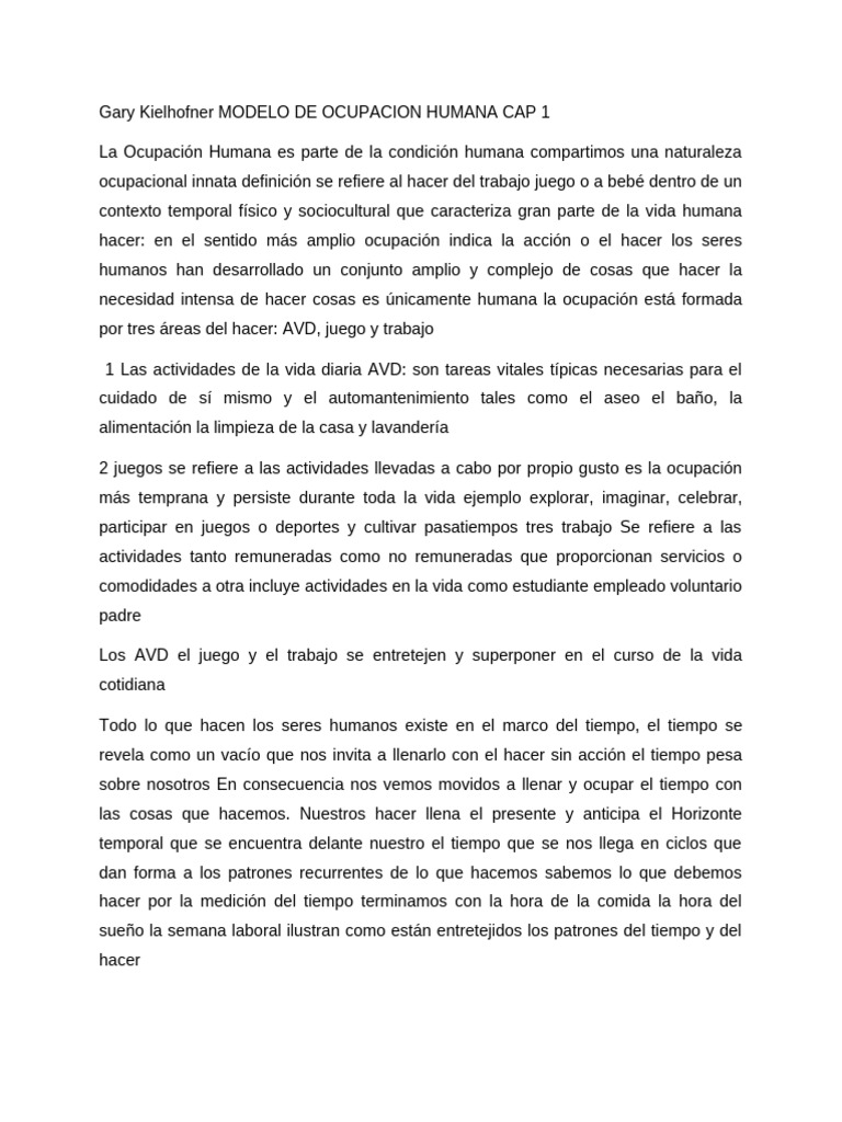 Gary Kielhofner MODELO DE OCUPACION HUMANA CAP 1 | PDF