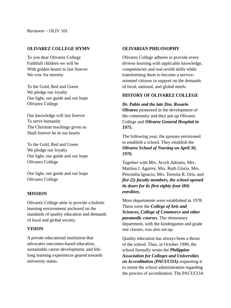 Oliv 101 Reviewer | PDF