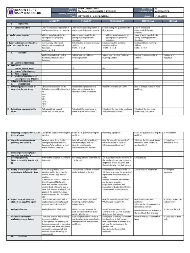 DLL - Mathematics 3 - Q1 - W6 | PDF | Learning | Teachers