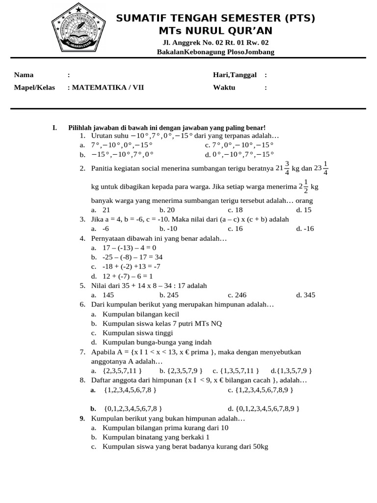 Soal MTK STS Ganjil | PDF