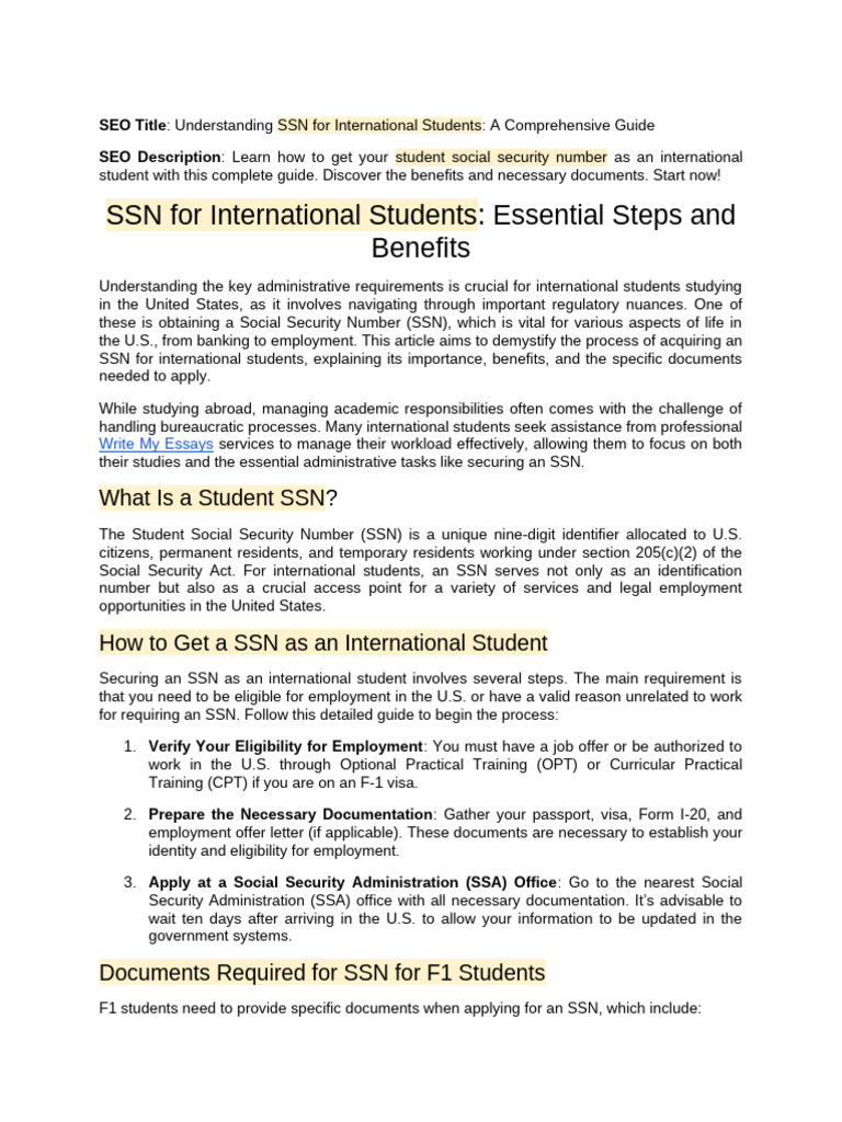 SSN For International Students - Essential Steps and Benefits | PDF