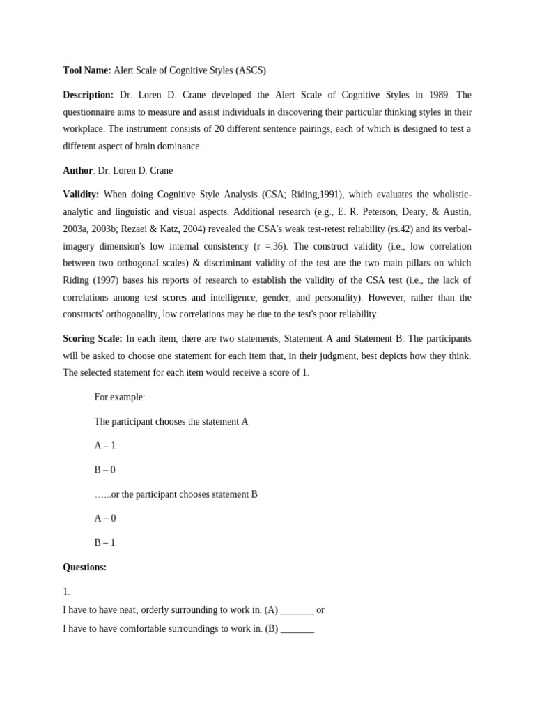 Alert Scale of Cognitive Styles | PDF