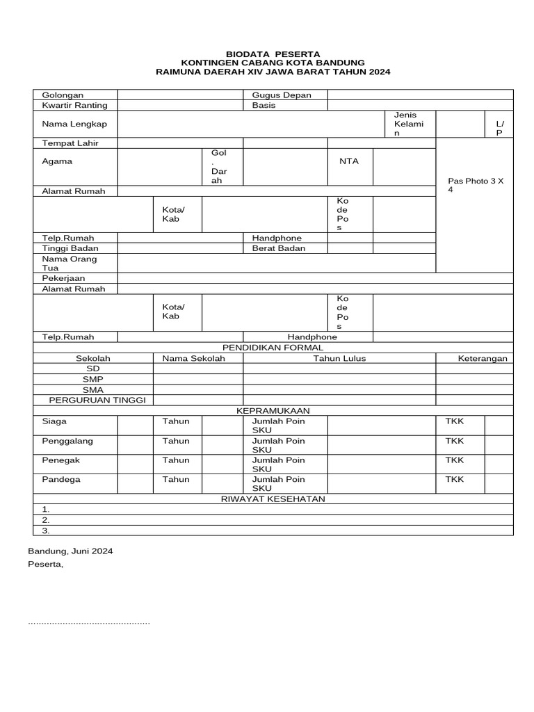Format Biodata Peserta Raida Koncab Kota Bandung-1 | PDF