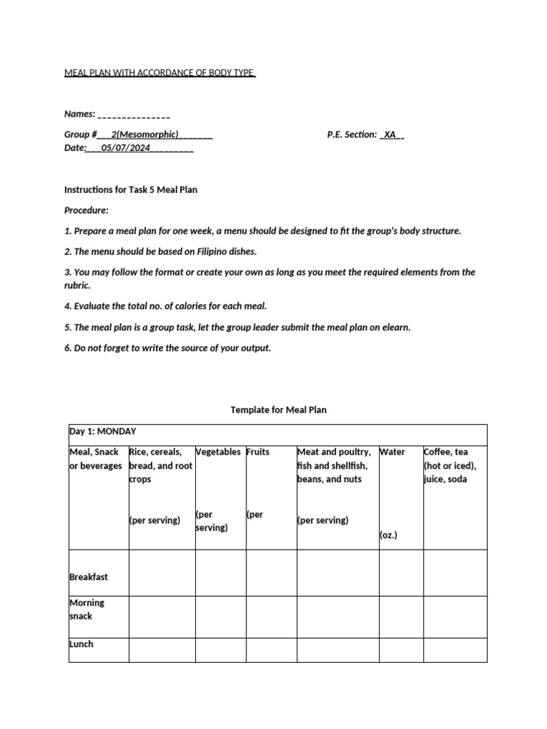 Meal Plan With Accordance of Body Type | PDF | Lunch | Meal