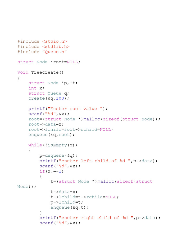 Tree00 Binary Tree Create And Queue Header File Pdf 