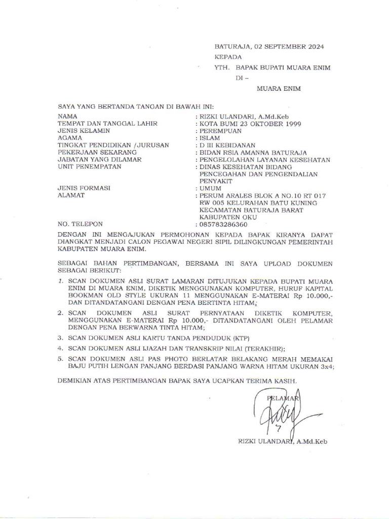 Surat Lamaran Muara Enim Kiki | PDF