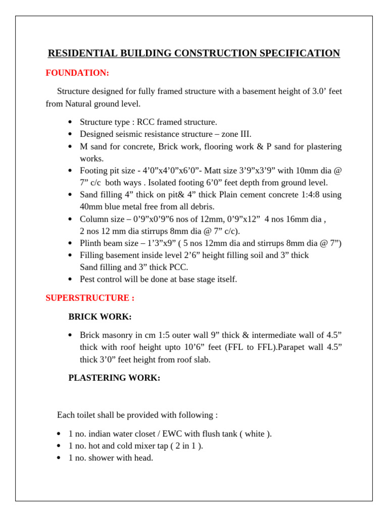 Residential building specification (1) | PDF
