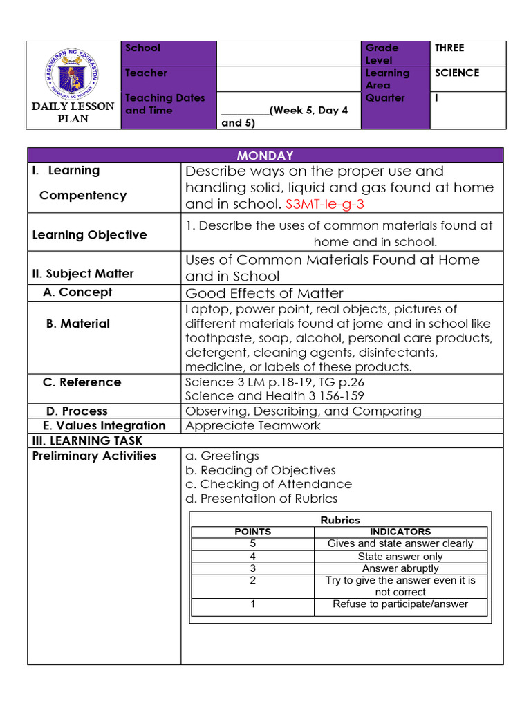 Science3 Q1 DLP WK5 D4 | PDF | Liquids | Language Arts & Discipline