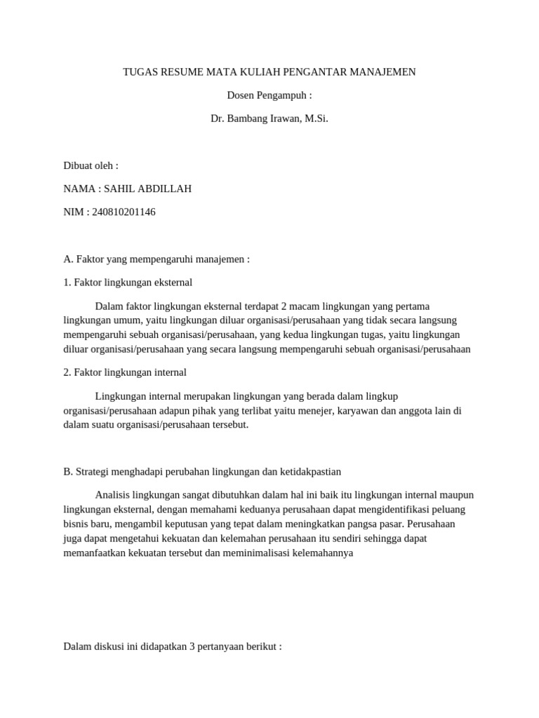 Tugas Resume Mata Kuliah Pengantar Manajemen | PDF