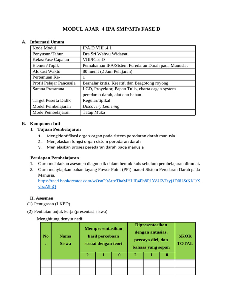 PEREDARAN DARAH Modul Ajar IPA SMP Kelas 8 | PDF