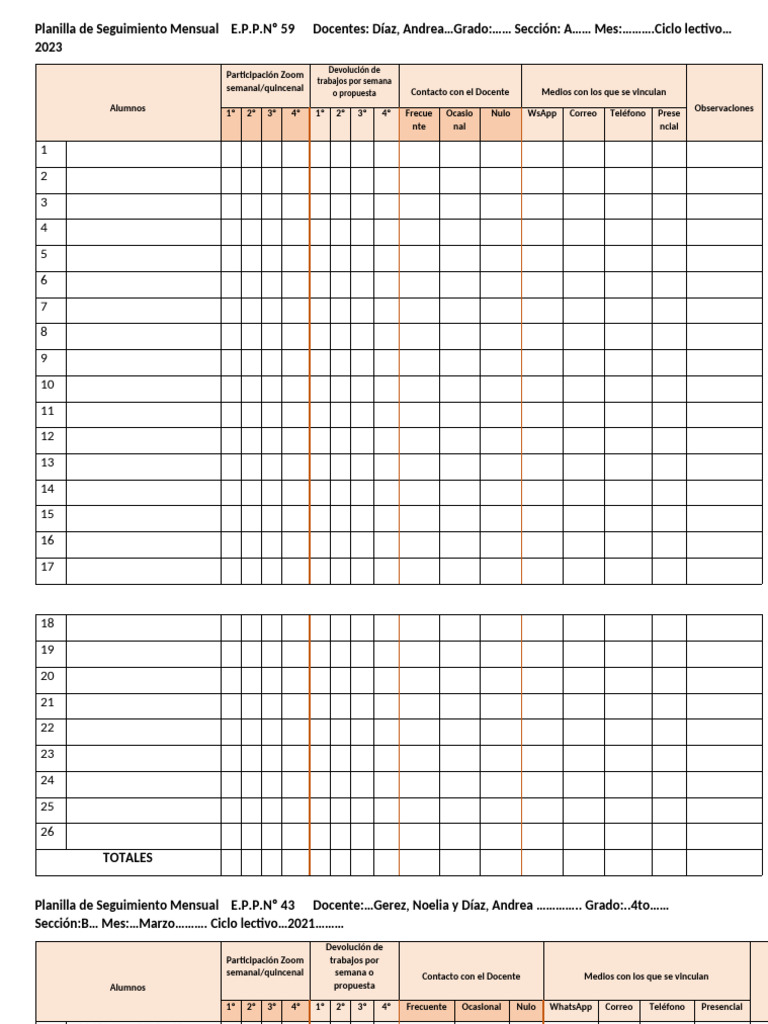 Planilla de Seguimiento Mensual | PDF