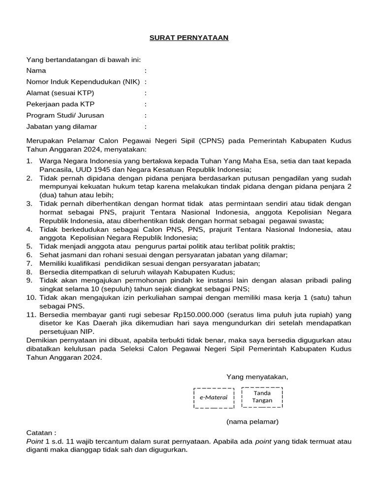 Lampiran III - SURAT PERNYATAAN CPNS KUDUS 2024 | PDF