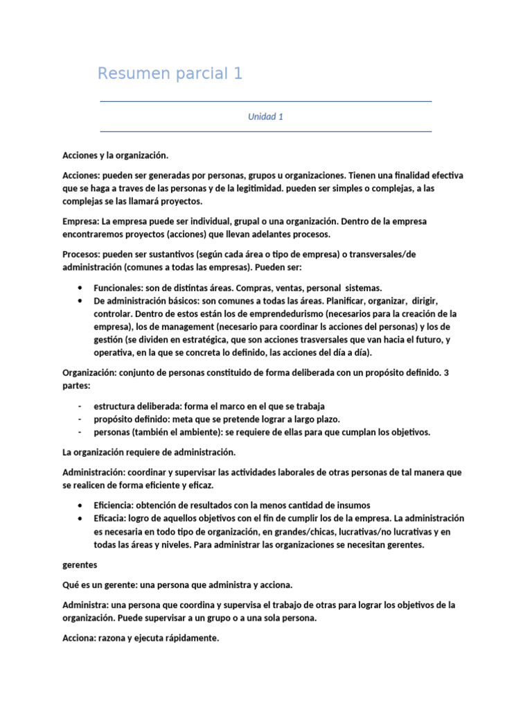 Resumen Admin Parcial 1 | PDF | Planificación | Crecimiento personal y profesional