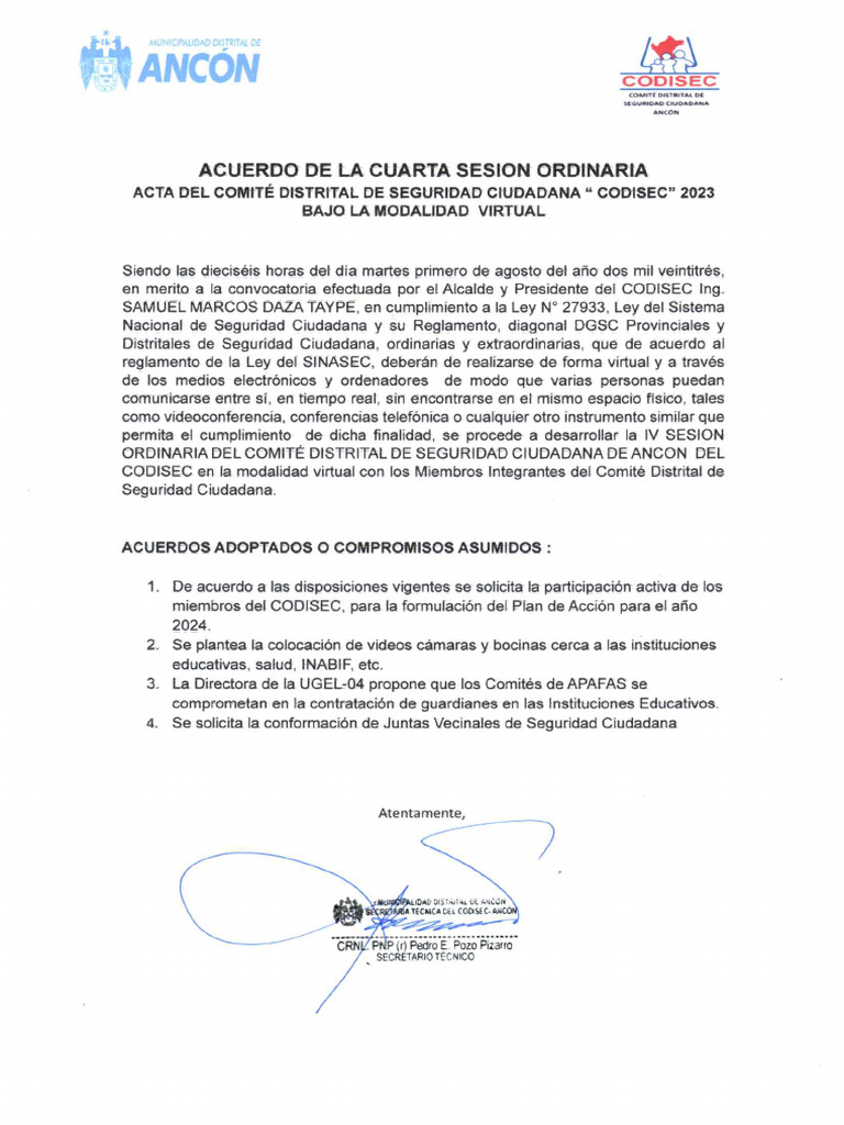 Acuerdos de La Cuarta Sesion Ordinaria - 2023 | PDF