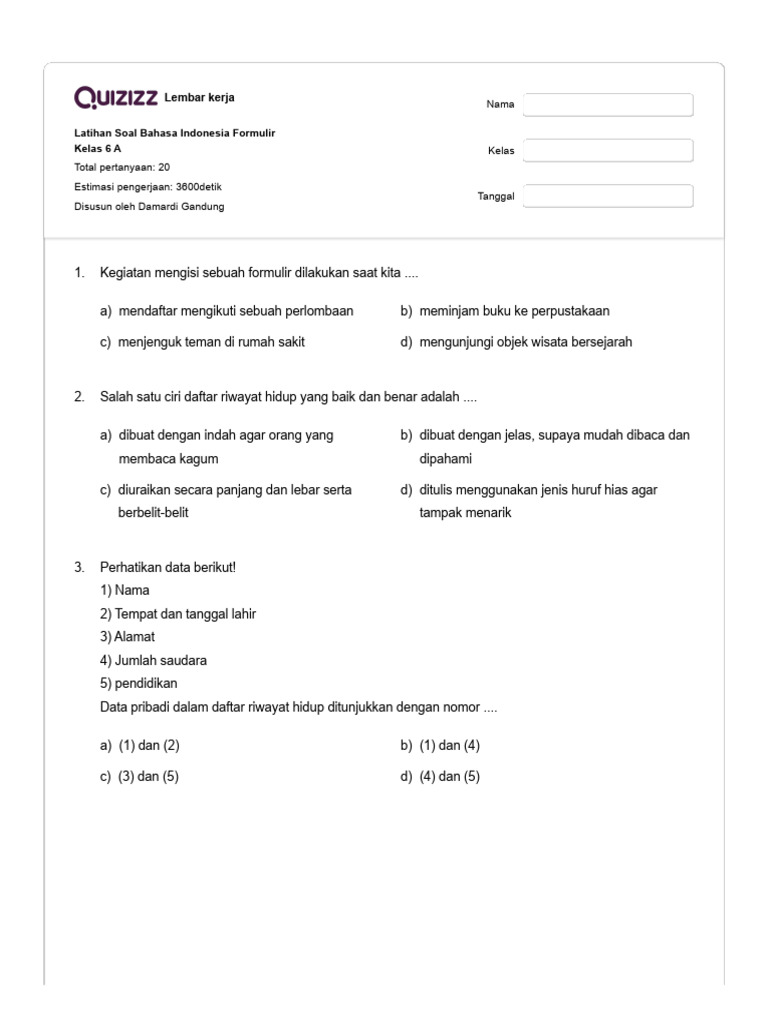 Latihan Soal Bahasa Indonesia Formulir Kelas 6 A - Quizizz | PDF